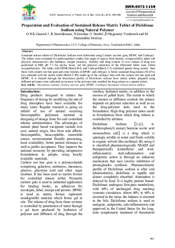 Pdf Preparation And Evaluation Of Sustained Release Matrix Tablet Of Diclofenac Sodium Using