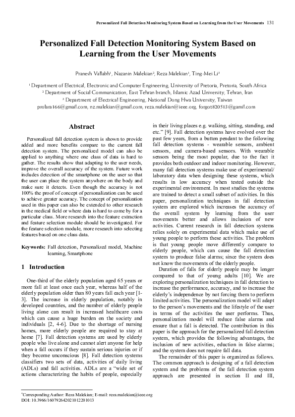 Pdf Personalized Fall Detection Monitoring System Based On Learning