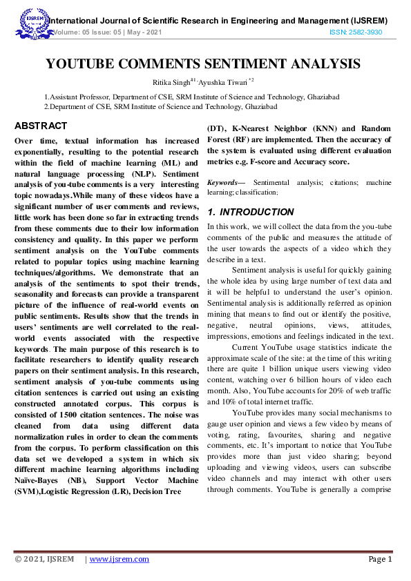 Pdf Youtube Comments Sentiment Analysis