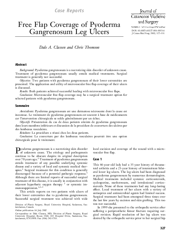 (PDF) Free Flap Coverage of Pyoderma Gangrenosum Leg Ulcers