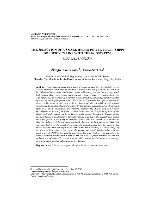 (PDF) The Selection of a Small Hydro Power Plant (SHPP) Solution in ...