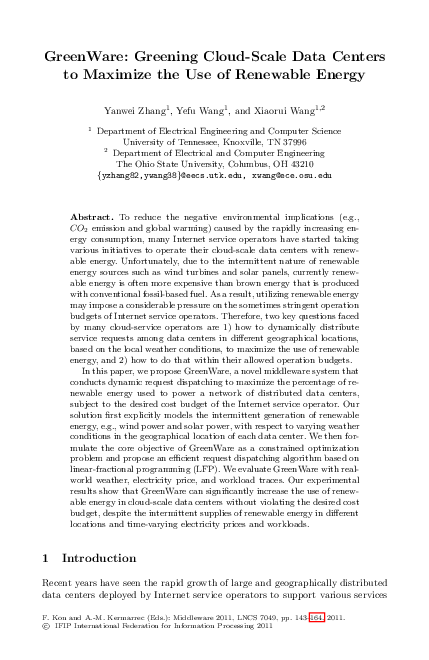 (PDF) GreenWare: greening cloud-scale data centers to maximize the use of renewable energy