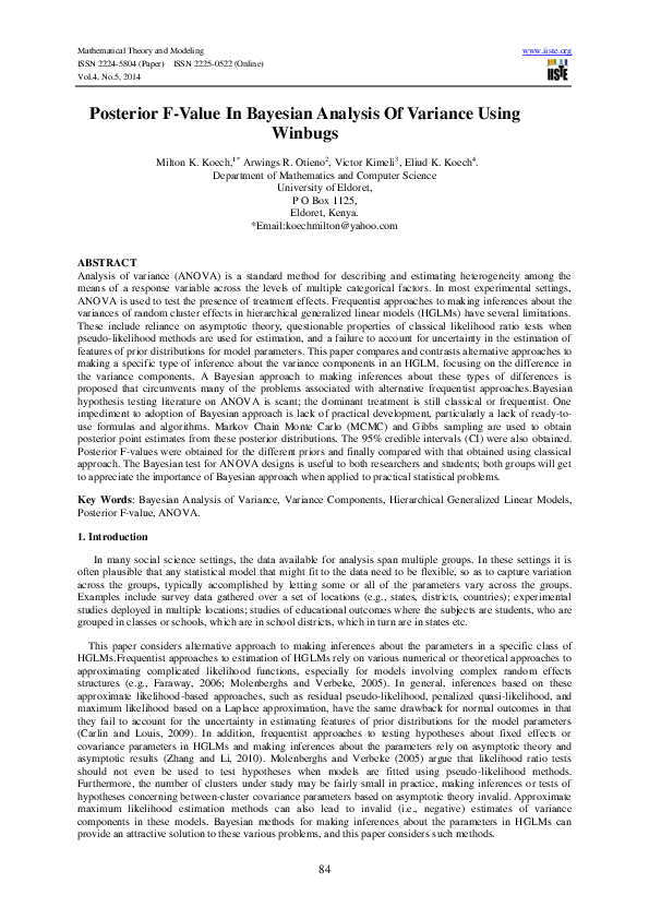 (PDF) Posterior F-Value In Bayesian Analysis Of Variance Using Winbugs | Victor Kimeli ...