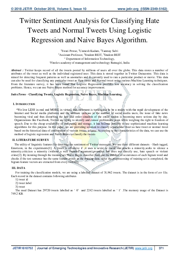 (PDF) Twitter Sentiment Analysis for Classifying Hate Tweets and Normal Tweets Using Logistic ...