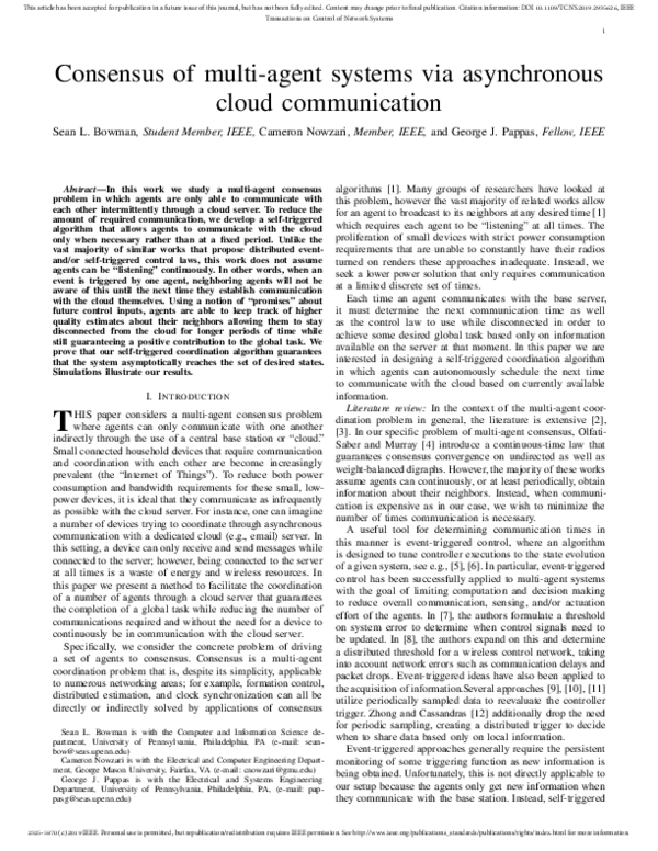 Pdf Consensus Of Multi Agent Systems Via Asynchronous Cloud