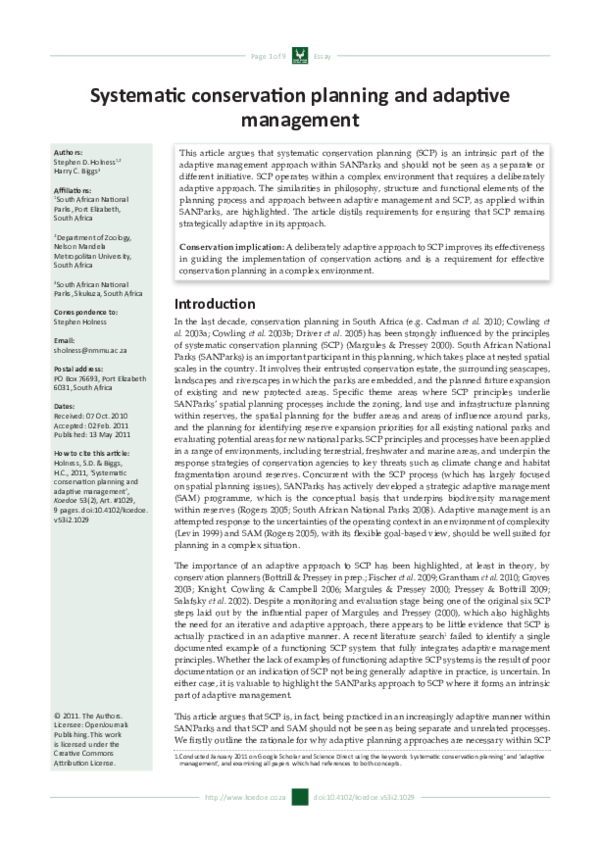 (PDF) Systematic conservation planning and adaptive management