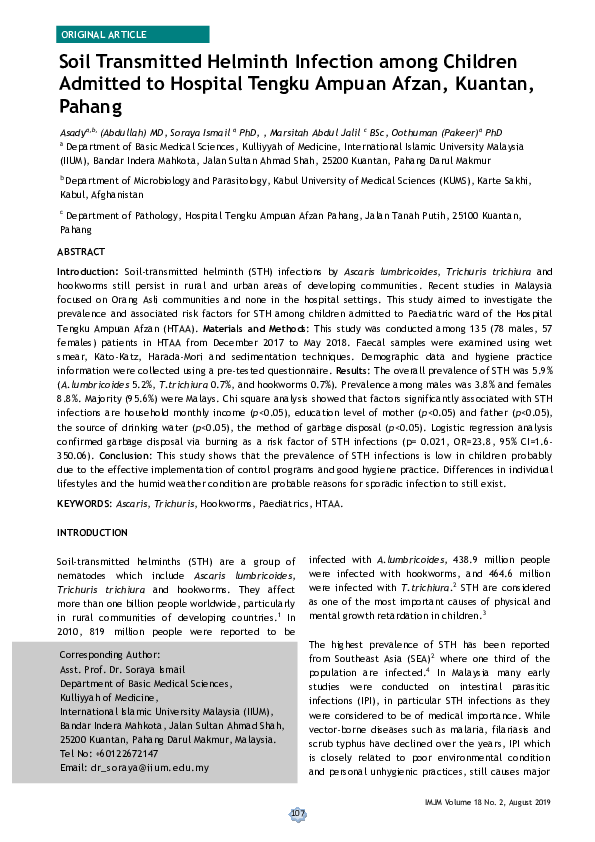 (PDF) Soil Transmitted Helminth Infection among Children Admitted to ...