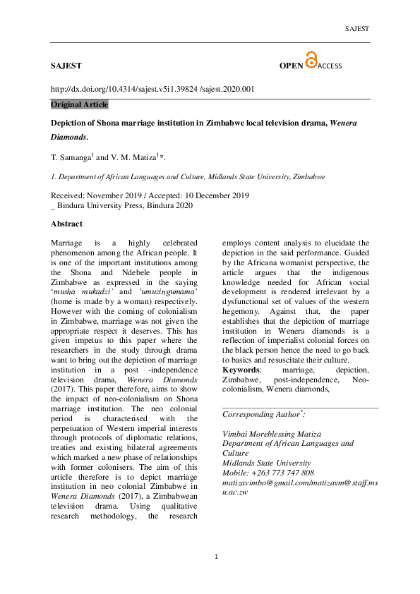 (PDF) Depiction of Shona marriage institution in Zimbabwe local ...