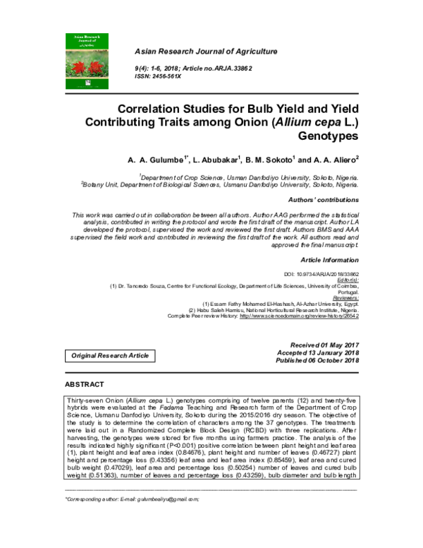 (PDF) Correlation Studies for Bulb Yield and Yield Contributing Traits among Onion (Allium cepa ...