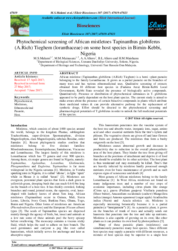 Phytochemical screening of African mistletoes Tapinanthus globiferus ...