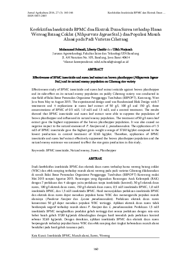(PDF) Keefektifan Insektisida BPMC dan Ekstrak Daun Suren terhadap Hama Wereng Batang Coklat ...