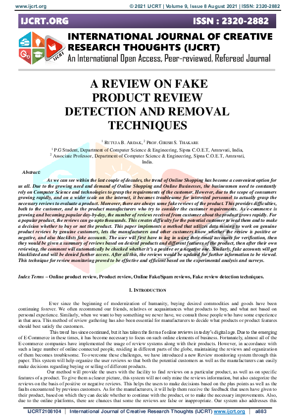 (PDF) A Review on Fake Product Review Detection and Removal Techniques