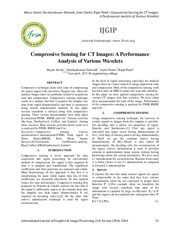 (PDF) Compressive Sensing for CT Images: A Performance Analysis of Various Wavelets