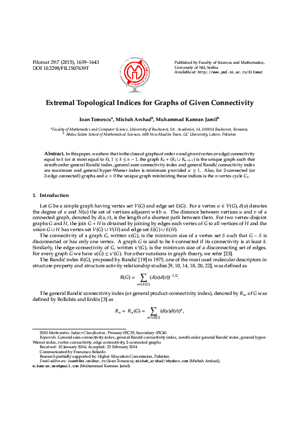 (PDF) Extremal topological indices for graphs of given connectivity