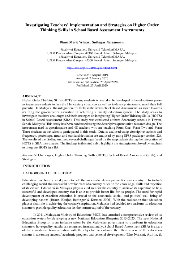 (PDF) Investigating Teachers' Implementation and Strategies on Higher Order Thinking Skills in ...