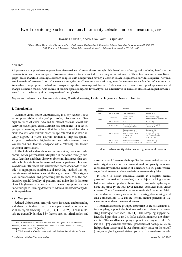 (PDF) Event monitoring via local motion abnormality detection in non ...