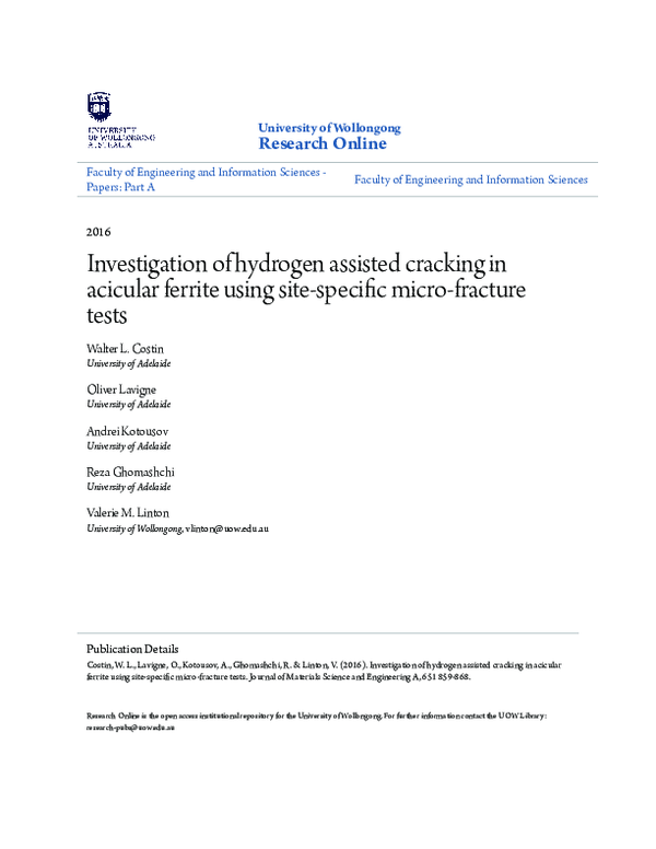 (PDF) Investigation of hydrogen assisted cracking in acicular ferrite using site-specific micro ...