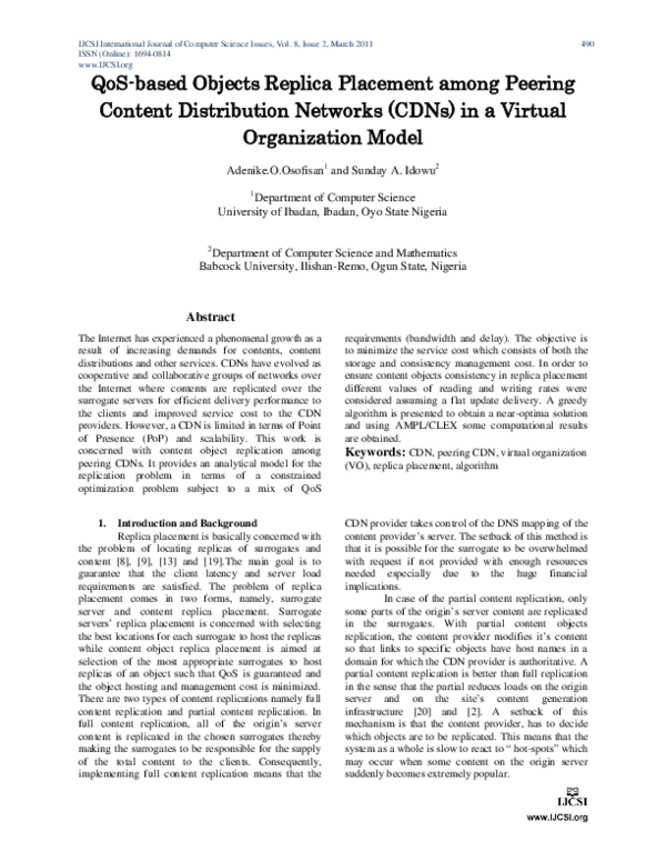 Pdf Qos Based Objects Replica Placement Among Peering Content Distribution Networks Cdns In