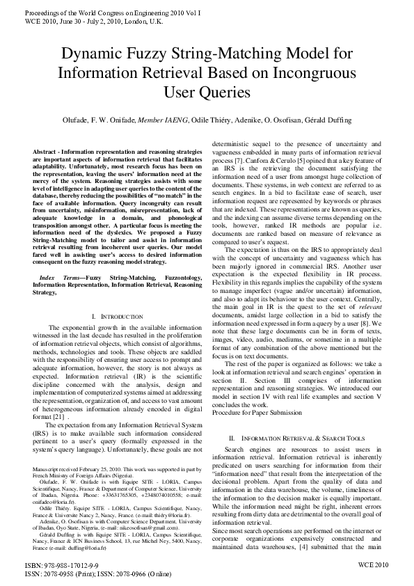 (PDF) Dynamic Fuzzy String-Matching Model for Information Retrieval Based on Incongruous User ...