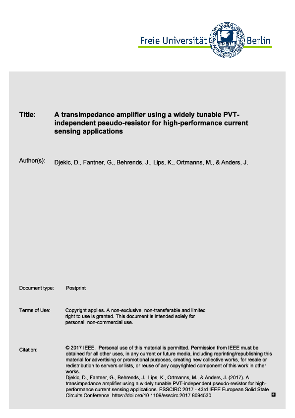 (PDF) A transimpedance amplifier using a widely tunable PVT-independent pseudo-resistor for high ...