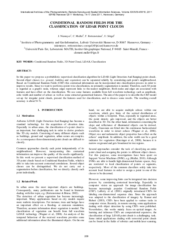 Pdf Conditional Random Fields For The Classification Of Lidar Point Clouds