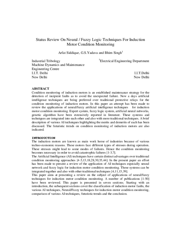 Pdf Status Review On Neuralfuzzy Logic Techniques For Induction Motor Condition Monitoring