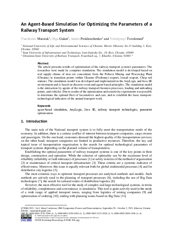 Pdf An Agent Based Simulation For Optimizing The Parameters Of A Railway Transport System