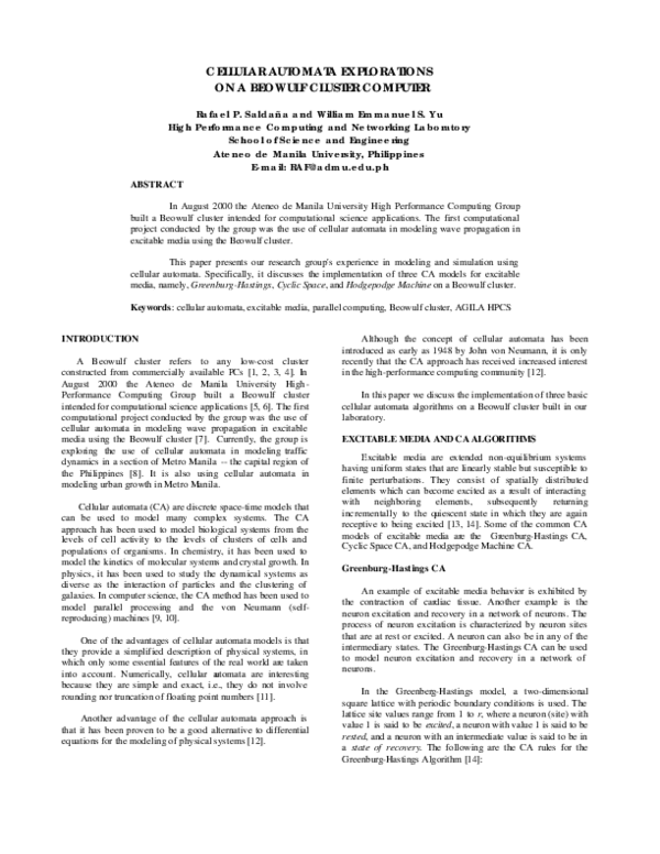 (PDF) Cellular Automata Explorations on a Beowulf Cluster Computer