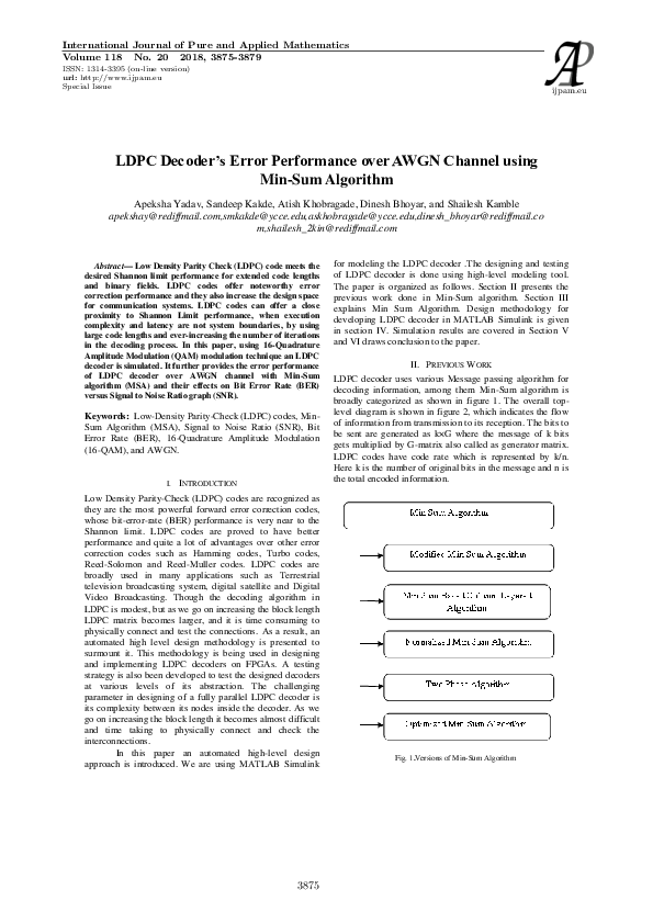 (PDF) LDPC Decoder ’ s Error Performance over AWGN Channel using Min-Sum Algorithm