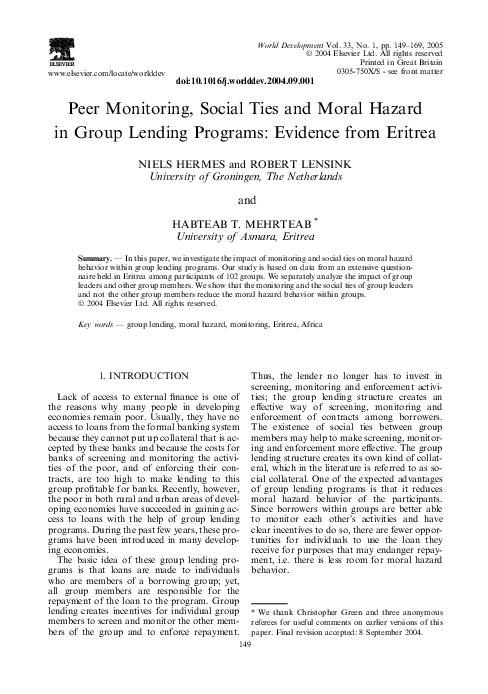 (PDF) Peer Monitoring, Social Ties and Moral Hazard in Group Lending ...