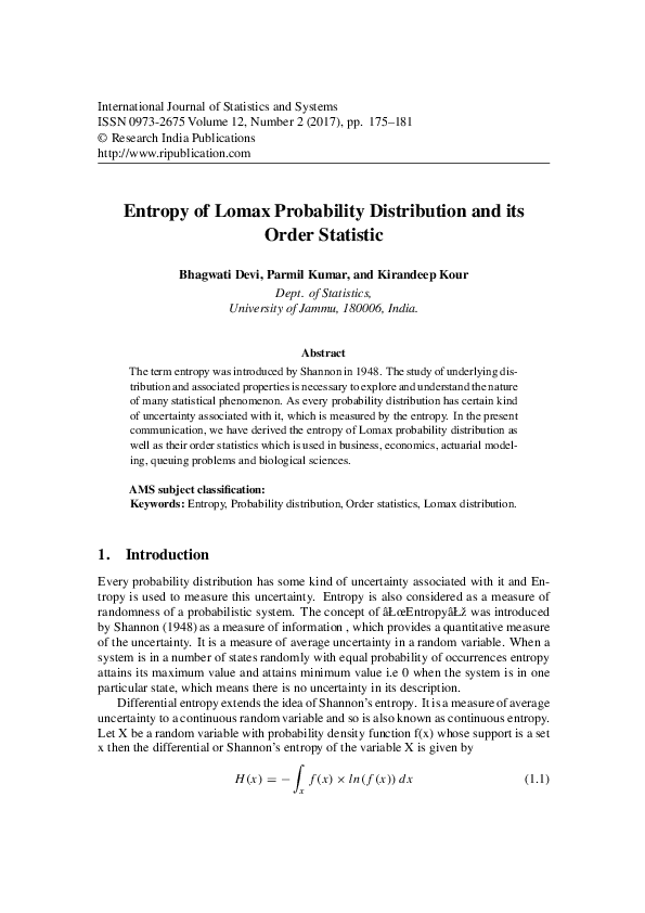 (PDF) Entropy of Lomax Probability Distribution and its Order Statistic