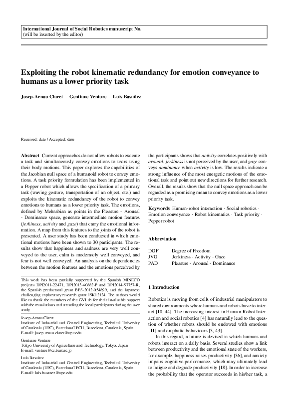 Pdf Exploiting The Robot Kinematic Redundancy For Emotion Conveyance To Humans As A Lower
