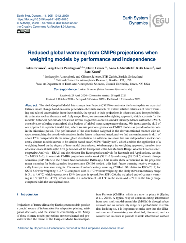 (PDF) Reduced global warming from CMIP6 projections when weighting ...