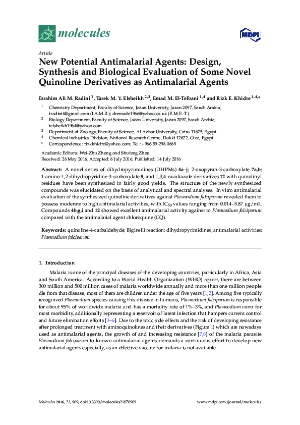 (PDF) New Potential Antimalarial Agents: Design, Synthesis and Biological Evaluation of Some ...