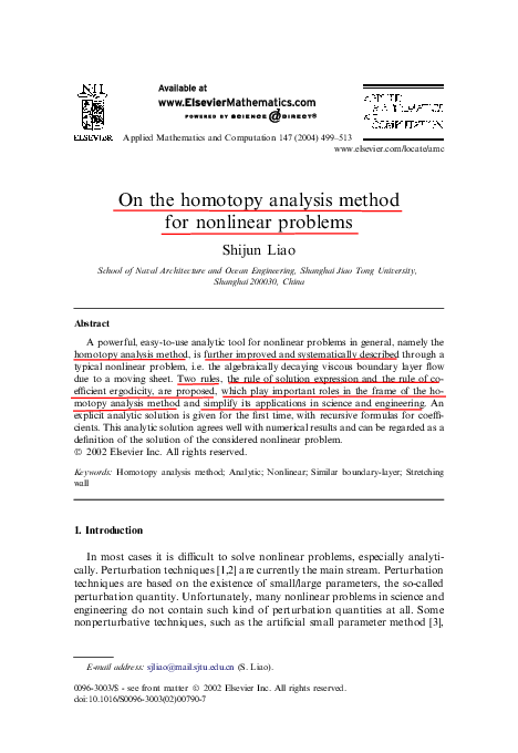 Pdf On The Homotopy Analysis Method For Nonlinear Problems