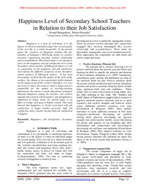 (PDF) Happiness Level of Secondary School Teachers in Relation to their ...