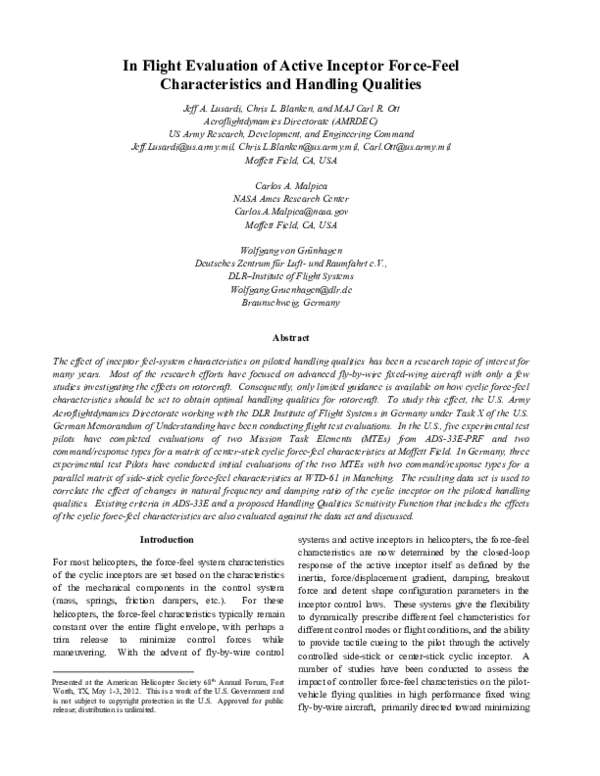 (PDF) In Flight Evaluation of Active Inceptor Force-Feel ...