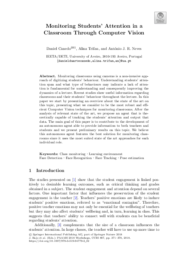 (PDF) Monitoring Students’ Attention in a Classroom Through Computer Vision