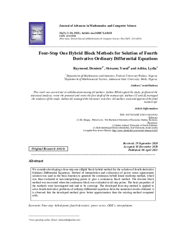 Pdf Four Step One Hybrid Block Methods For Solution Of Fourth Derivative Ordinary Differential