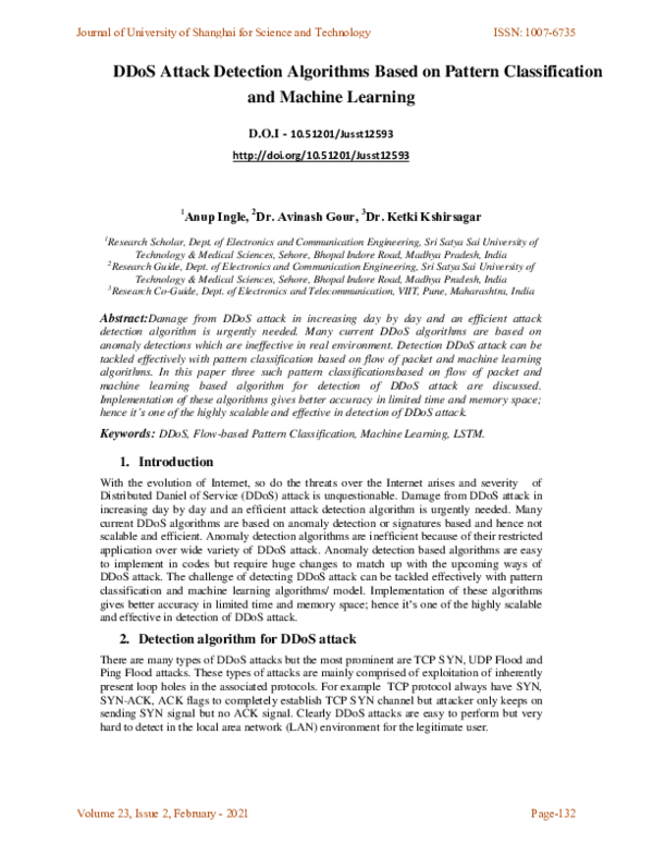 Pdf Ddos Attack Detection Algorithms Based On Pattern Classification And Machine Learning Dr