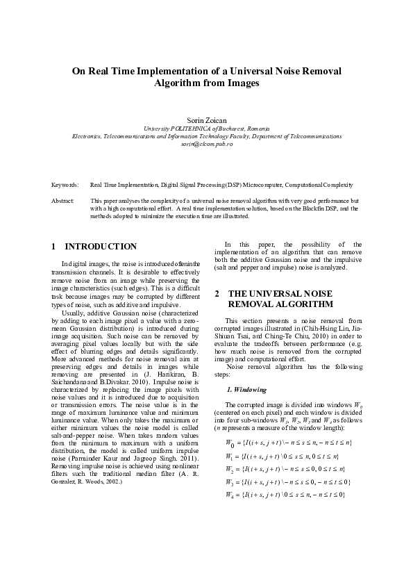 Pdf On Real Time Implementation Of A Universal Noise Removal