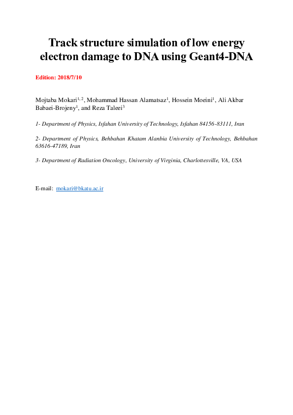 (PDF) Track structure simulation of low energy electron damage to DNA using Geant4-DNA