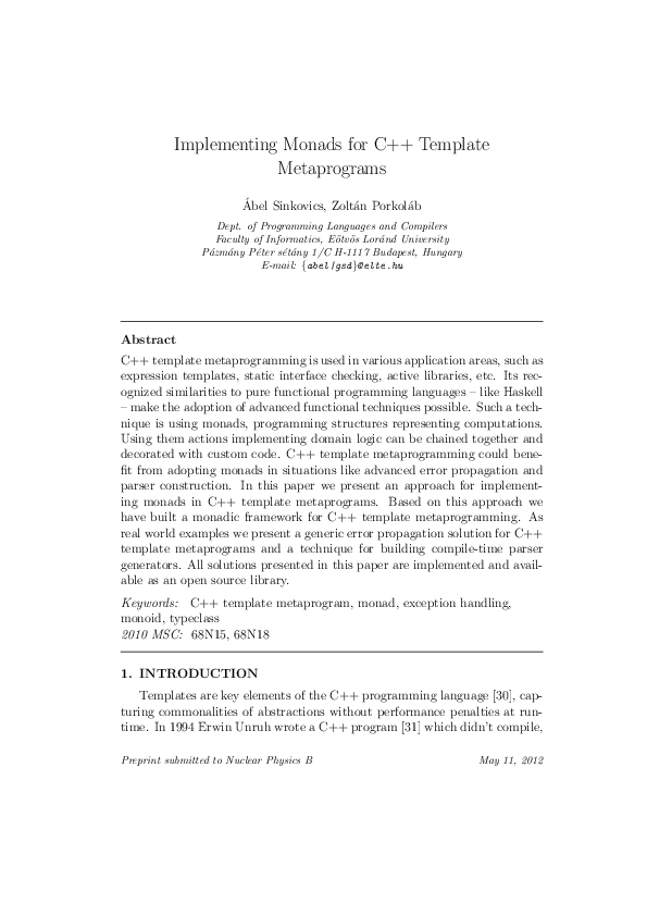 Pdf Implementing Monads For C Template Metaprograms Zoltan