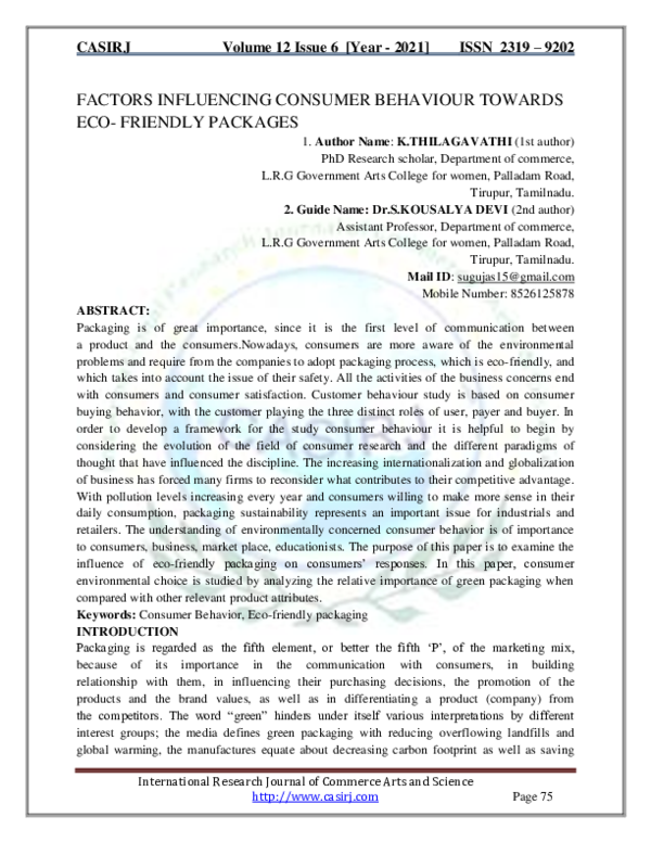 (PDF) FACTORS INFLUENCING CONSUMER BEHAVIOUR TOWARDS ECO-FRIENDLY PACKAGES