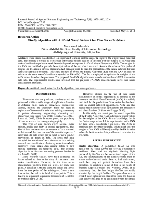Pdf Firefly Algorithm With Artificial Neural Network For Time Series Problems