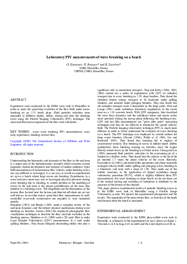 (PDF) Laboratory PIV Measurements of Wave Breaking on Beach