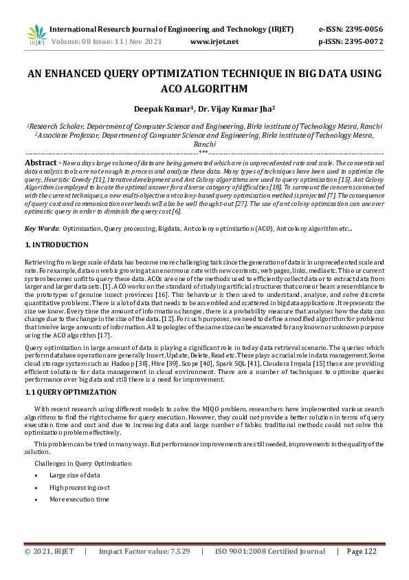 (PDF) IRJET - AN ENHANCED QUERY OPTIMIZATION TECHNIQUE IN BIG DATA USING ACO ALGORITHM