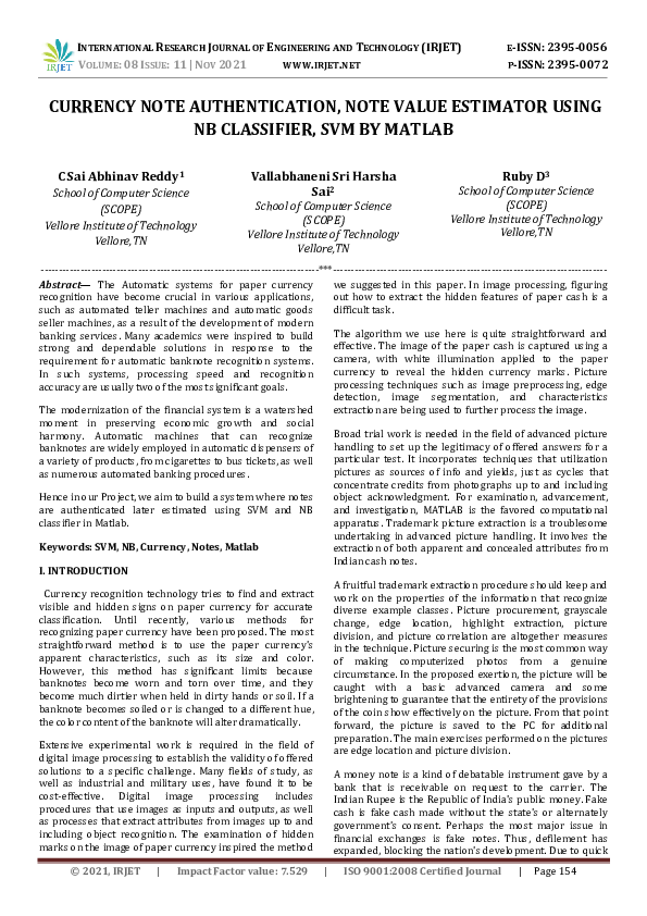(PDF) IRJET- Currency Note Authentication, Note Value Estimator using ...
