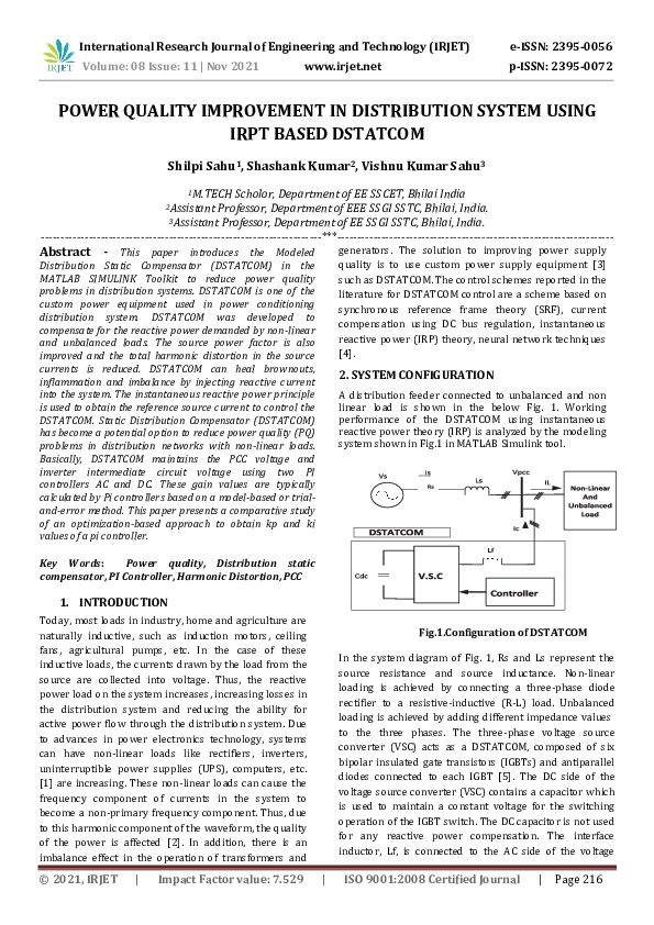 (PDF) POWER QUALITYIRJET- IMPROVEMENT IN DISTRIBUTION SYSTEM USING IRPT BASED DSTATCOM