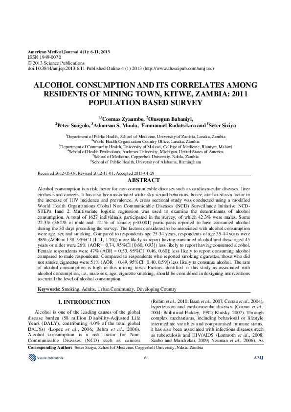 (PDF) Alcohol Consumption in Rural Zambia: Study Findings